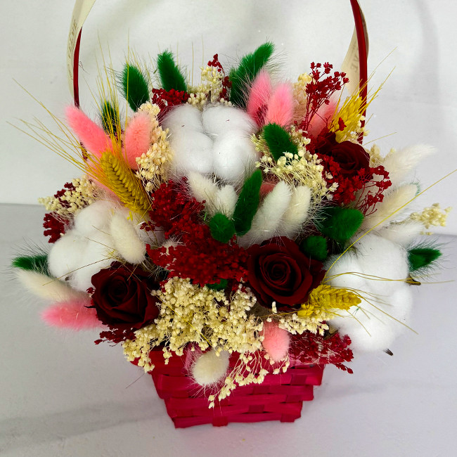 Cosulet aniversar Floral Collection, cu imortele naturale, trandafiri ...