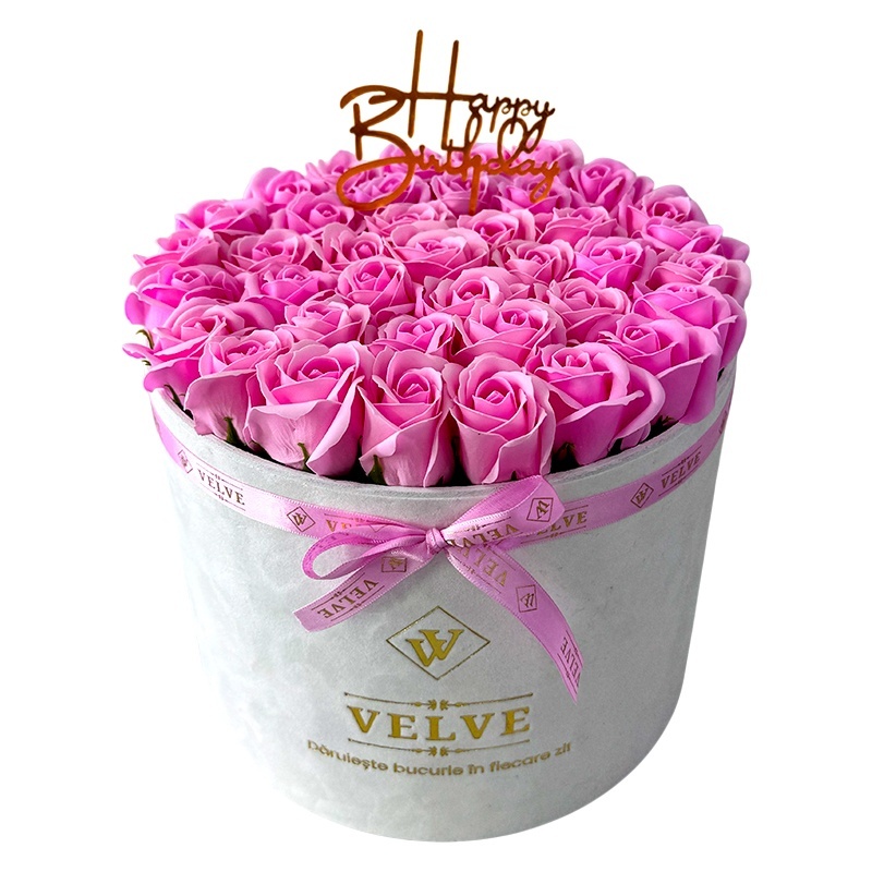 Aranjament Floral Majestic Pink, cu trandafiri din sapun, in cutie alba ...