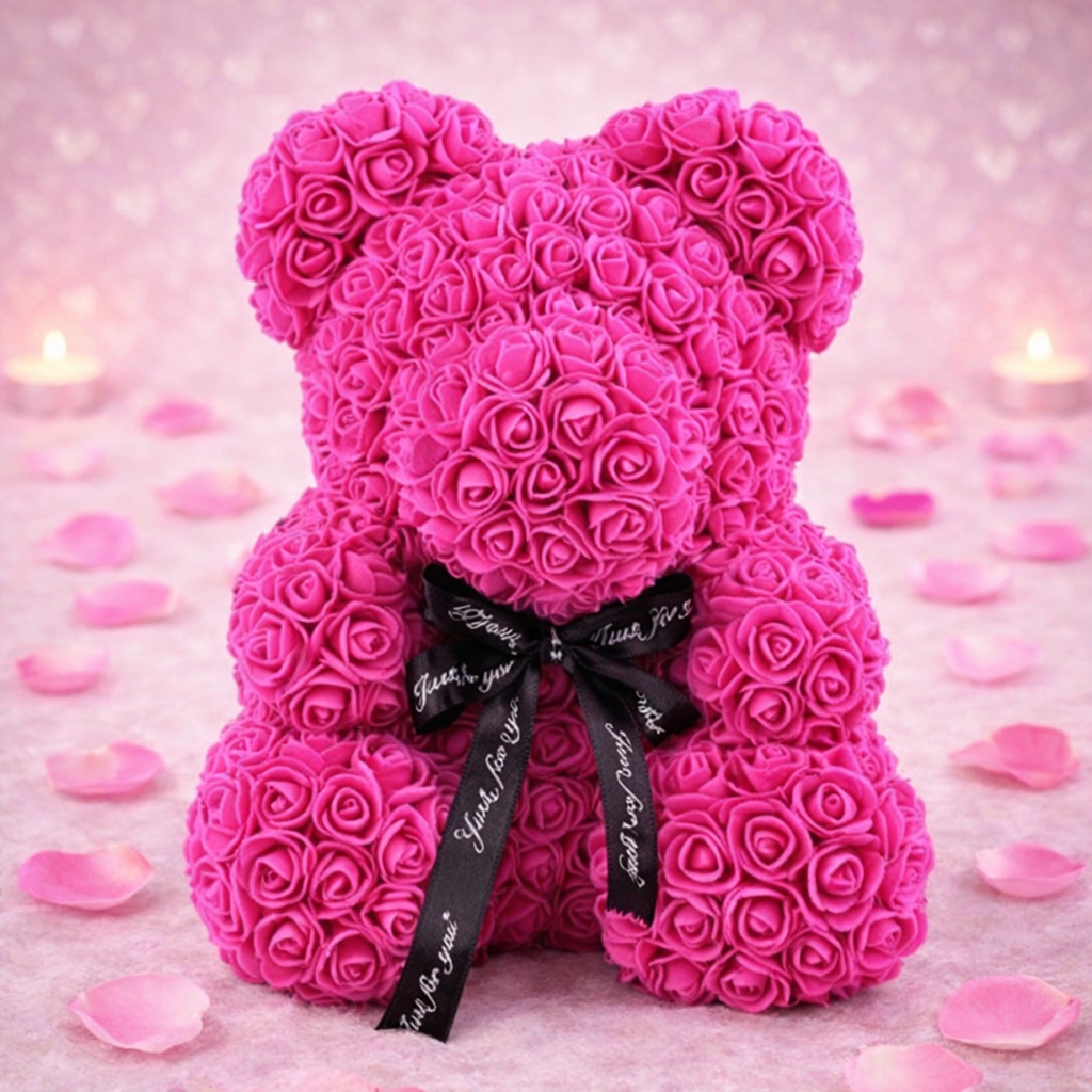 Ursulet floral roz magenta din Trandafiri 40 cm, decorat manual, cutie ...