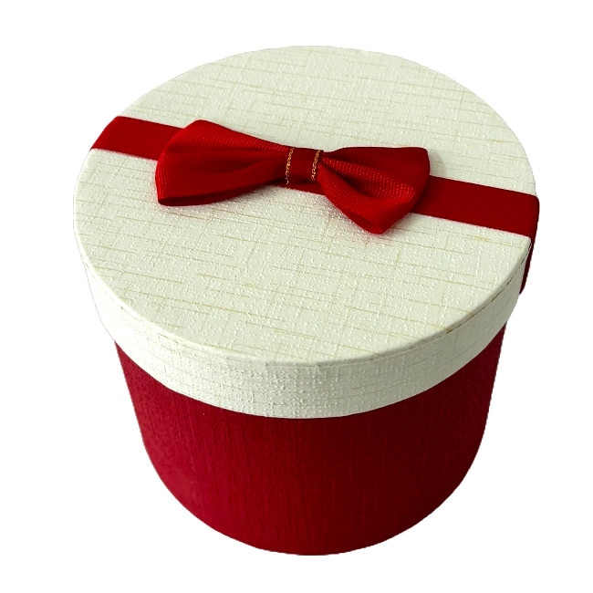 Aranjament floral Olla in cutie rotunda rosie, cu trandafiri si garoafa de sapun, stamine ...