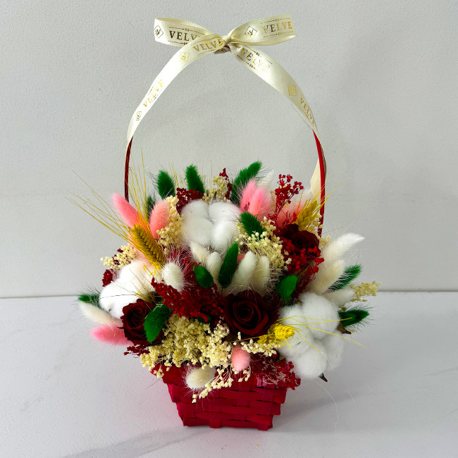 Cosulet aniversar Floral Collection, cu imortele naturale, trandafiri ...
