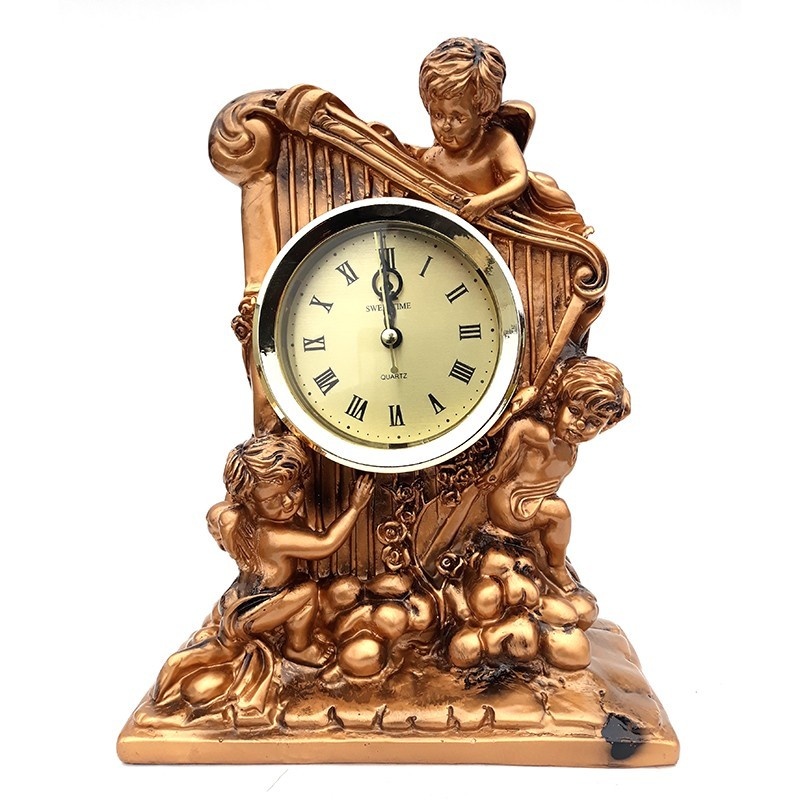 Statueta din rasina, cu ceas analog, Art Deco cu Harpa si Ingeri, Auriu ...