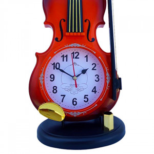Decoratiune ceas de masa vintage in forma de vioara cu stativ, Maro, 40cm