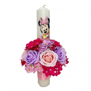 Lumanare de botez cu Minnie Mouse si flori de sapun, fata