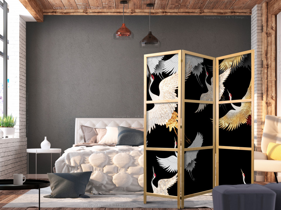 Paravan japonez - Cranes at Night - White and Gold Birds Flying Away on ...