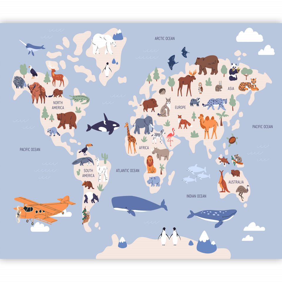 Fototapet - Harta lumii cu ilustrații cu animale