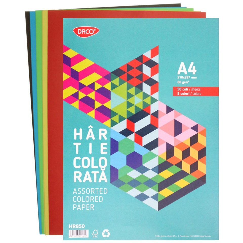 Hartie color 5 culori A4 80g 50/set Daco HR850