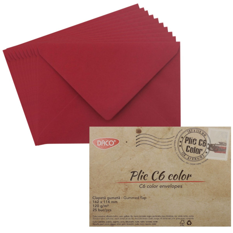 Plic visiniu cu clapeta gumata C6 11,4x16,2cm 120g 25/set Daco PC612B
