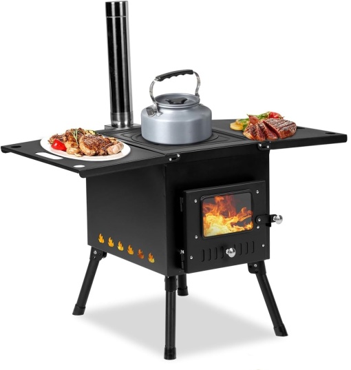 Încălzitor cu plită pe lemne din oțel – sobă de camping cu burlan, perfectă pentru terase și corturi