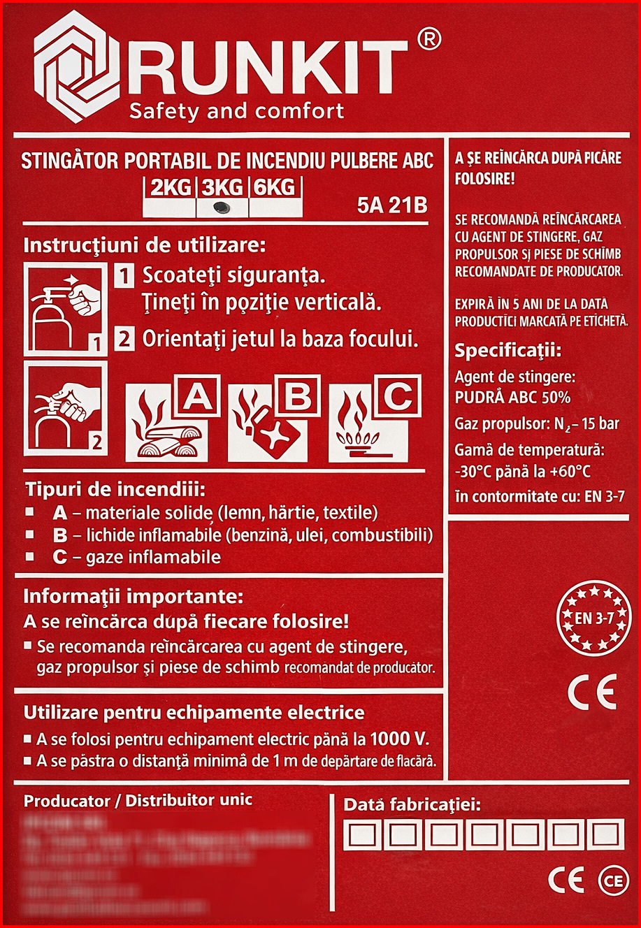 Stingator Extinctor cu pulbere P3, 3kg, manometru si suport de prindere ...