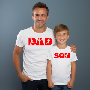 Set de două tricouri albe personalizate cu inscripția "Son-Dad"