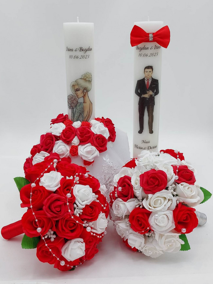 Pachet Nunta Rosu 2 Lumanari Personalizate Si 2 Buchete Mireasa/Nasa