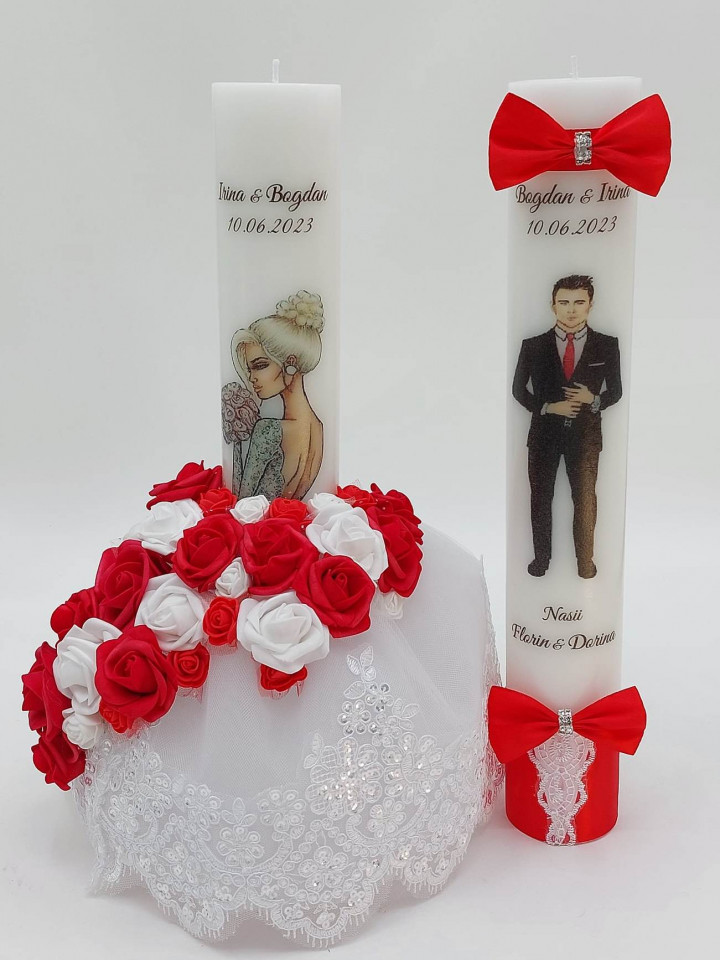 Pachet Nunta Rosu 2 Lumanari Personalizate Si 2 Buchete Mireasa/Nasa