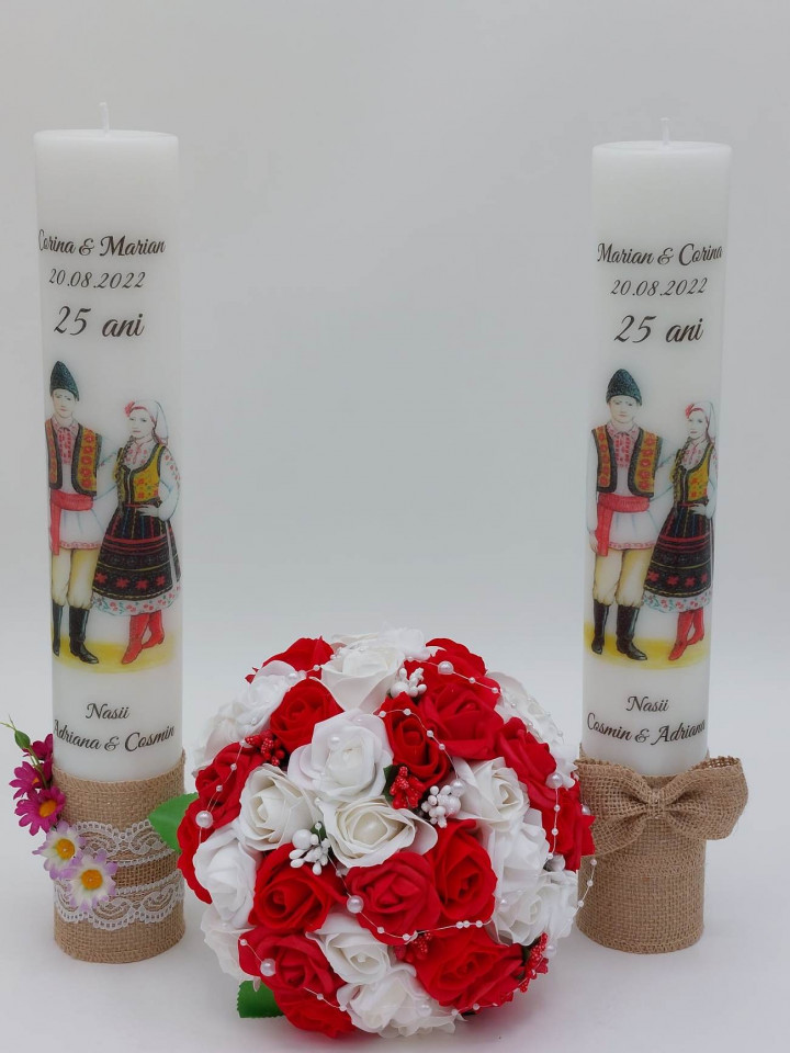 Set Nunta Traditional Cu Buchet Si 2 Lumanari Personalizate