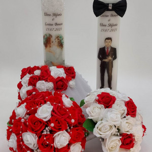 Set Personalizat Nunta 2 Lumanari Ornate + 2 Buchete Mireasa/Nasa