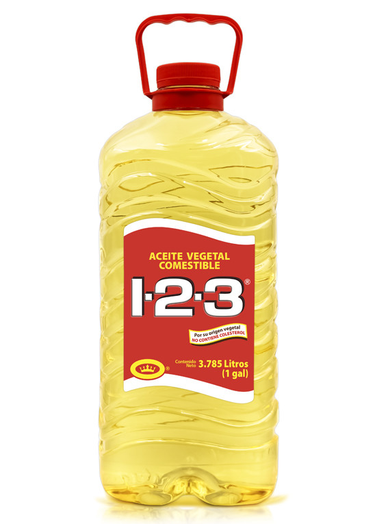 1-2-3 aceite vegetal comestible / Caja con 9 botellas de 1 Litro