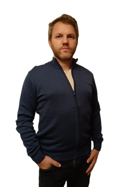 Pulover Barbati tip Jacheta Tony Montana, cu Fermoar Lung, Albastru Denim