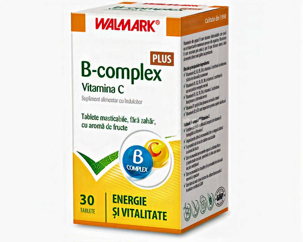 B complex + Vitamina C cu aroma de fructe, 30 tablete, Walmark
