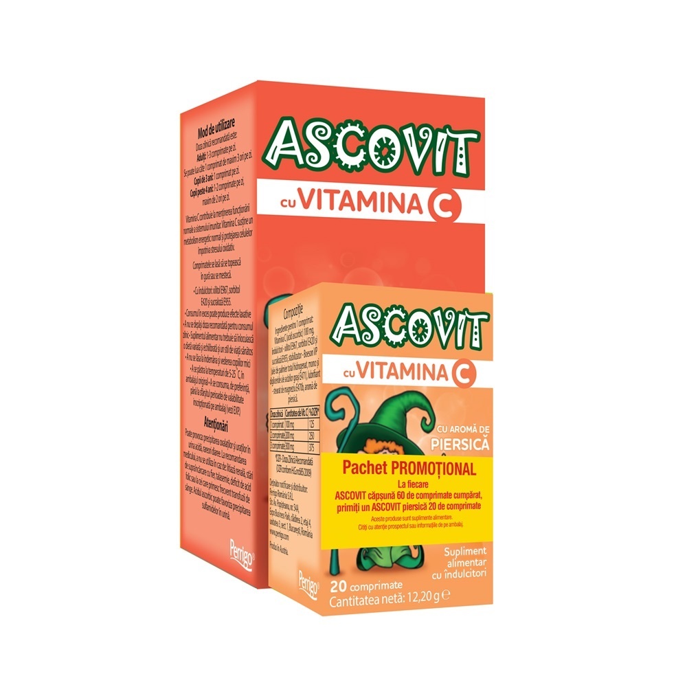 Pachet Ascovit Vitamina C Căpșuni 100 mg 60 cpr + Piersică 100 mg 20 ...