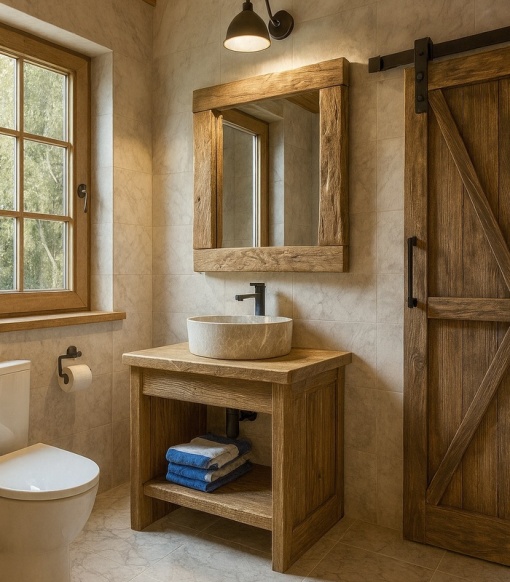 Set Mobilier baie Mocănița, masca de baie + oglinda lemn masiv