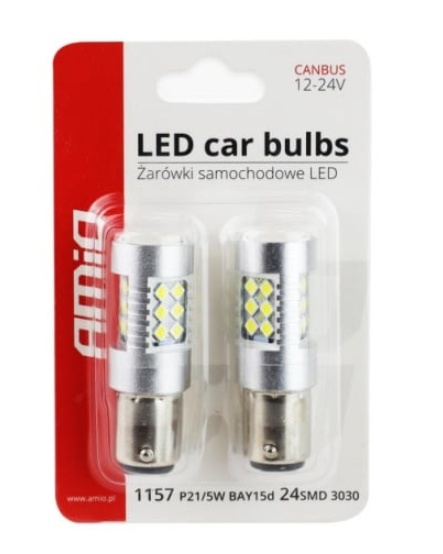 Set 2 becuri auto cu LED AMIO 12-24V, BA15D P21W-5W, 24 SMD 3030