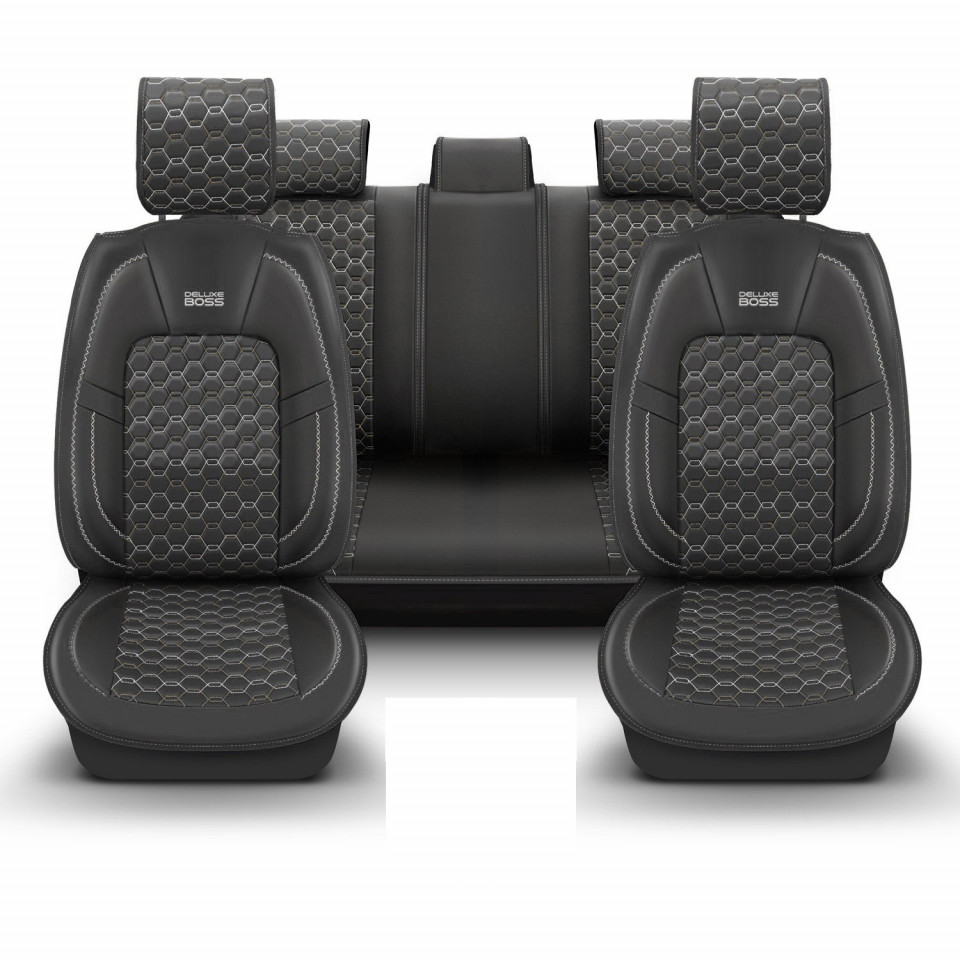 Set huse scaune auto piele ecologica negru si cusaturi maro, universale ...