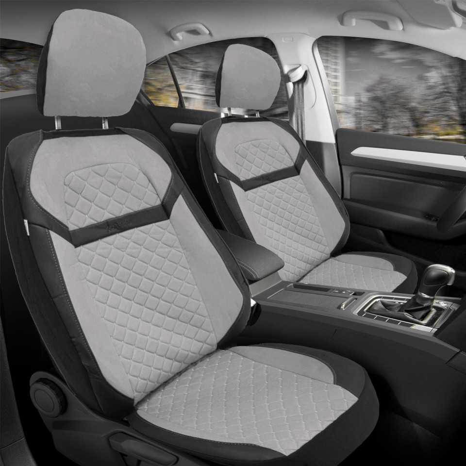 Set huse scaune auto universale, piele ecologica neagra cu velur gri, fata-spate, bancheta spate ...