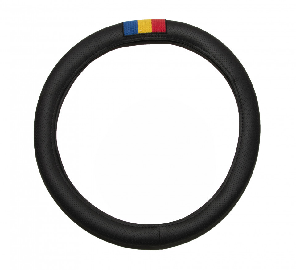 Husa volan imitatie piele perforata neagra cu steag ROMANIA diam. 45 ...