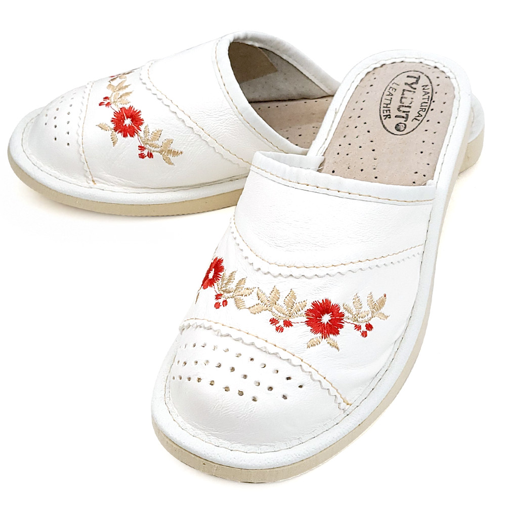 Papuci de Casa din Piele Marca Tylbut Model 'Floral Purity' White