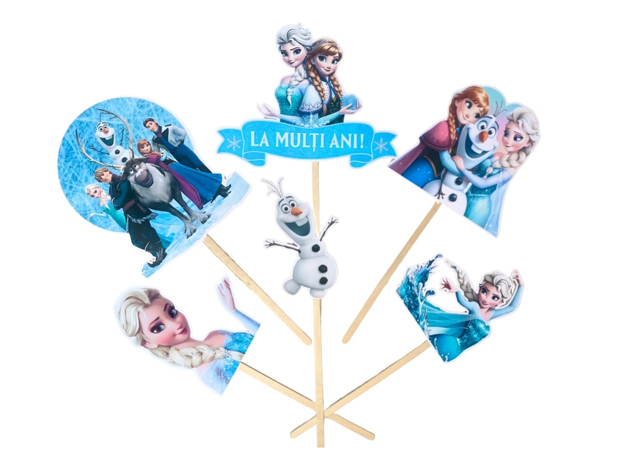Topper Tort Elsa – Carton Lucios, Set 6 buc 12–16 cm, Petrecere Copii