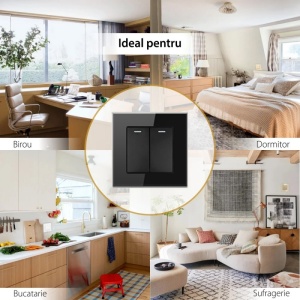 Intrerupator Dublu Cap Scara Cu Panou Din Sticla Securizata Techstar® TGS 01, 220V, 16A, 86 X 86 ...