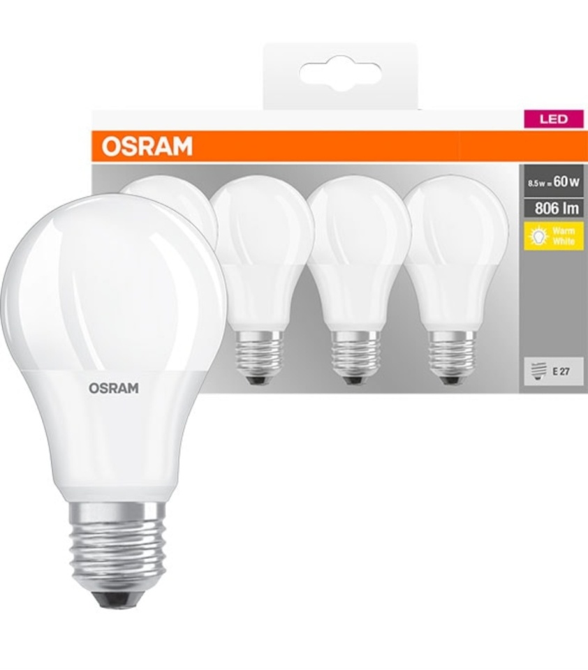 Set 4 becuri LED OSRAM E27, 8.5W, lumina calda