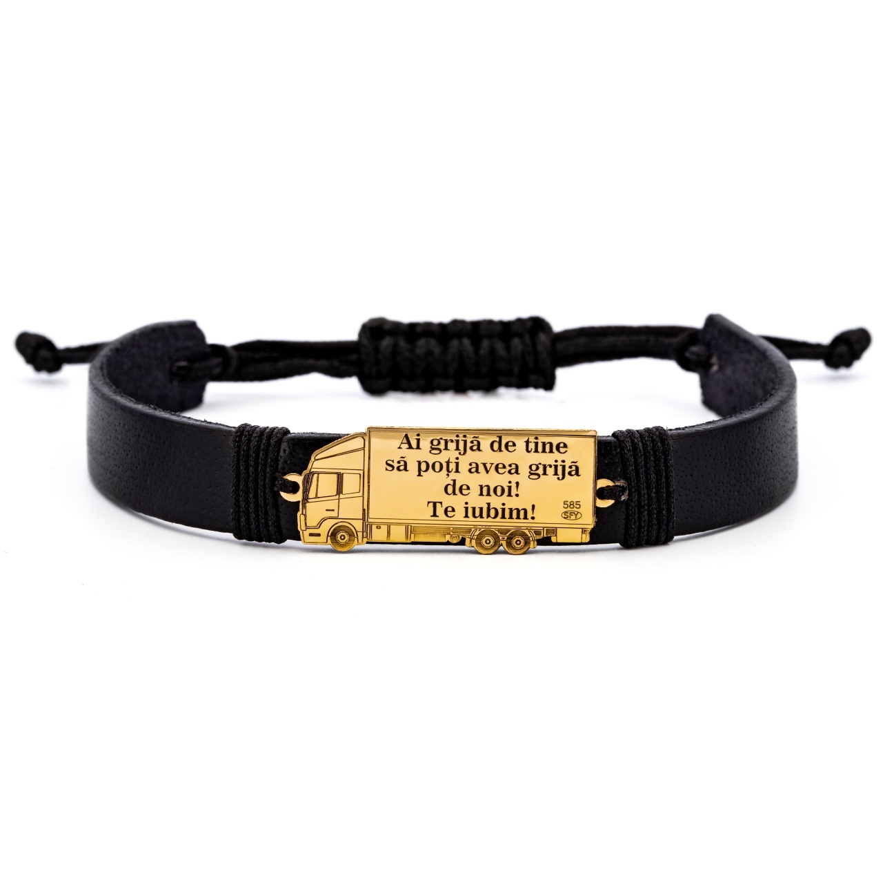 Bratara piele si camion/tir 3.2cm din aur 14k personalizabil cu orice mesaj