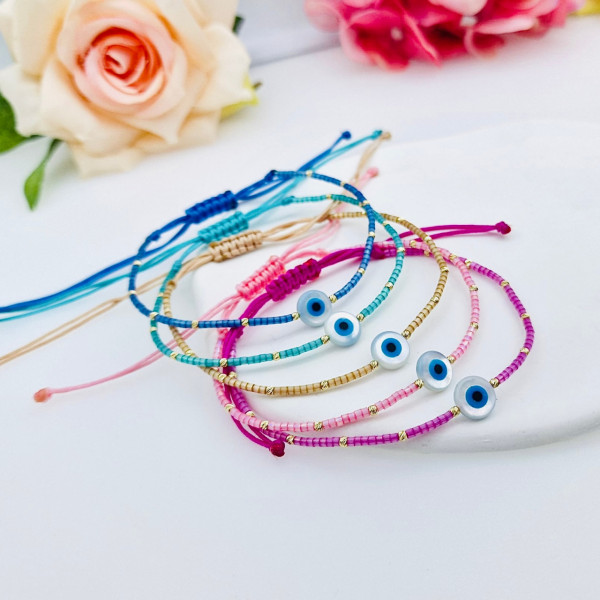 Brățară cu miyuki Silk Line, 12 bilute din aur si ochi turcesc din ...