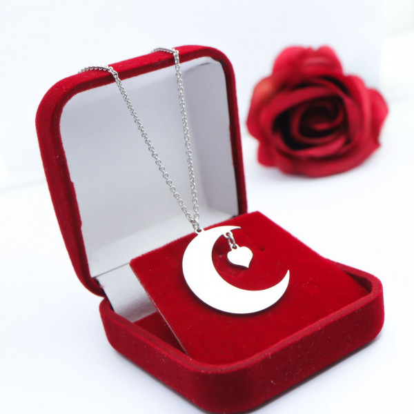 Colier personalizabil din argint cu semiluna si inimioara