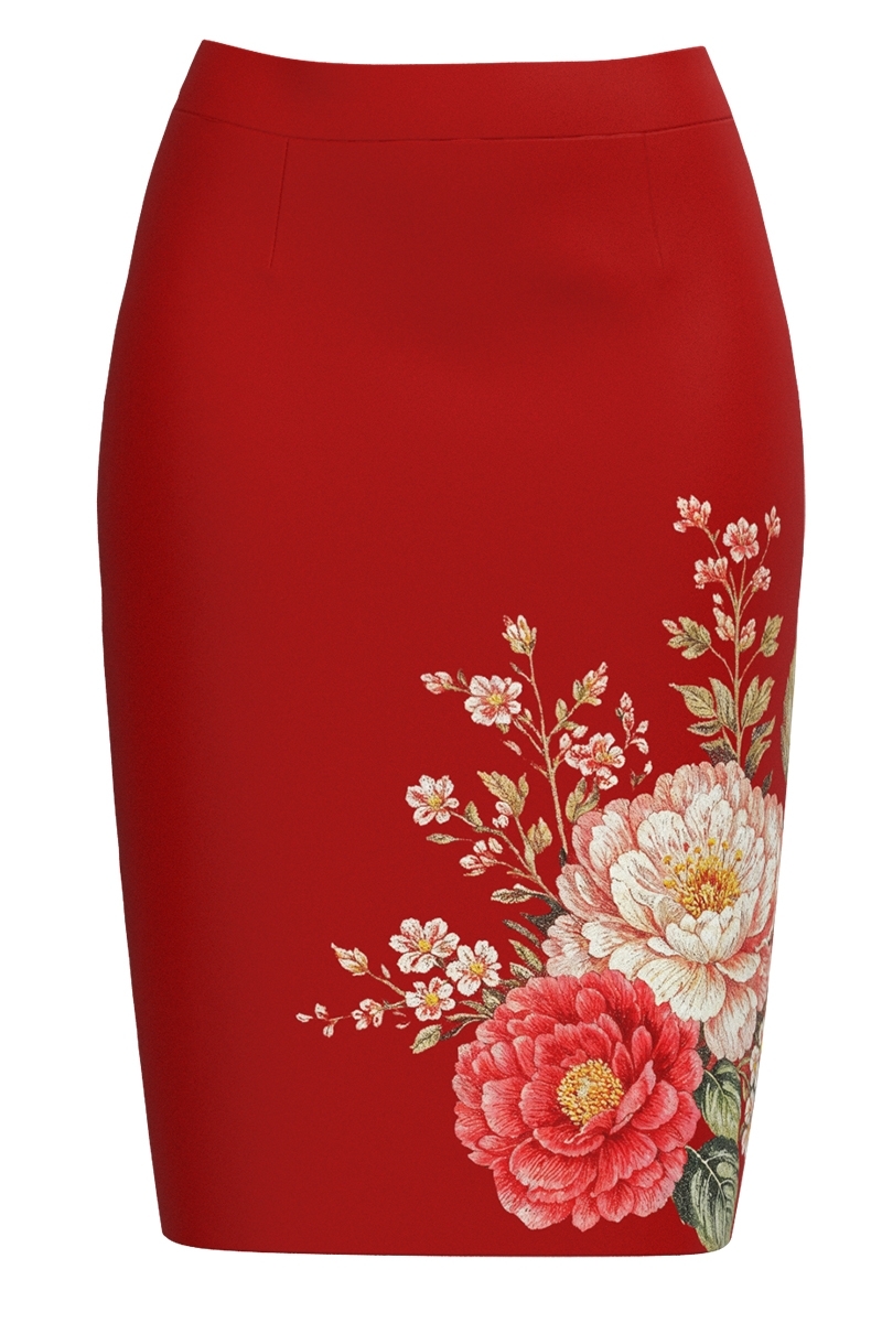 Fusta conica rosu corai imprimata floral