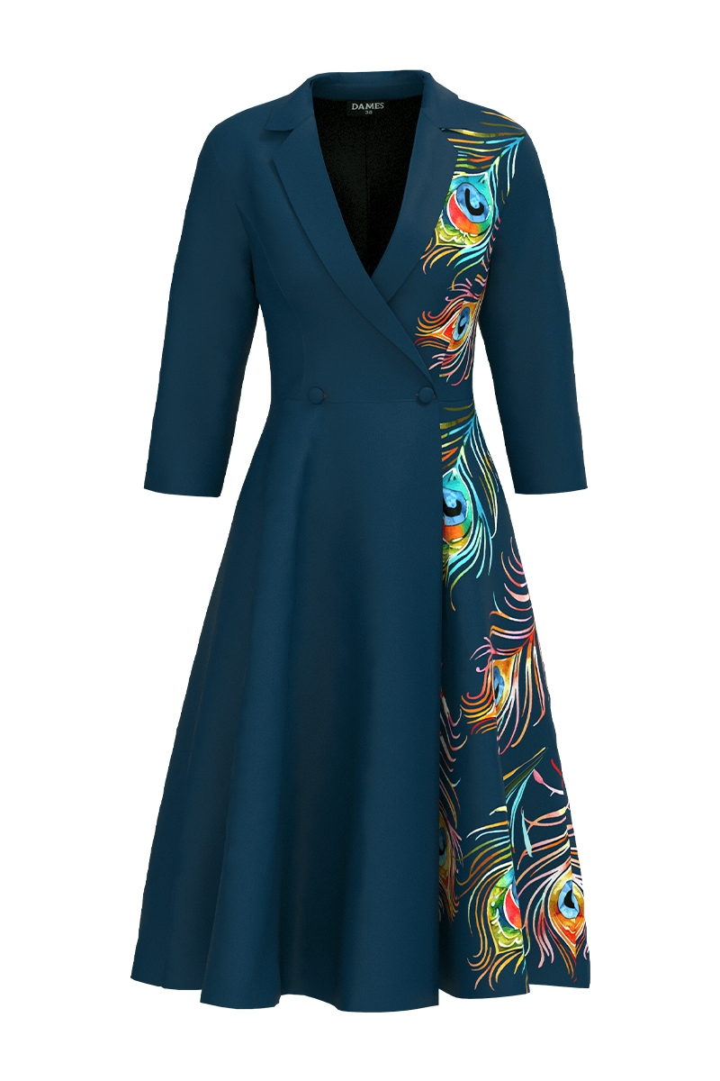 Rochie petrol tip pardesiu petrecuta cu imprimeu paun