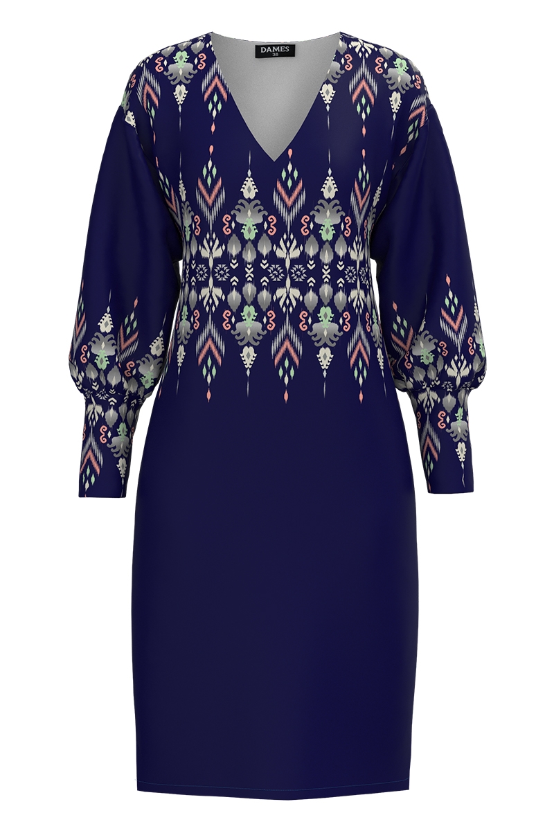 Rochie casual bleumarin din catifea cu imprimeu traditional