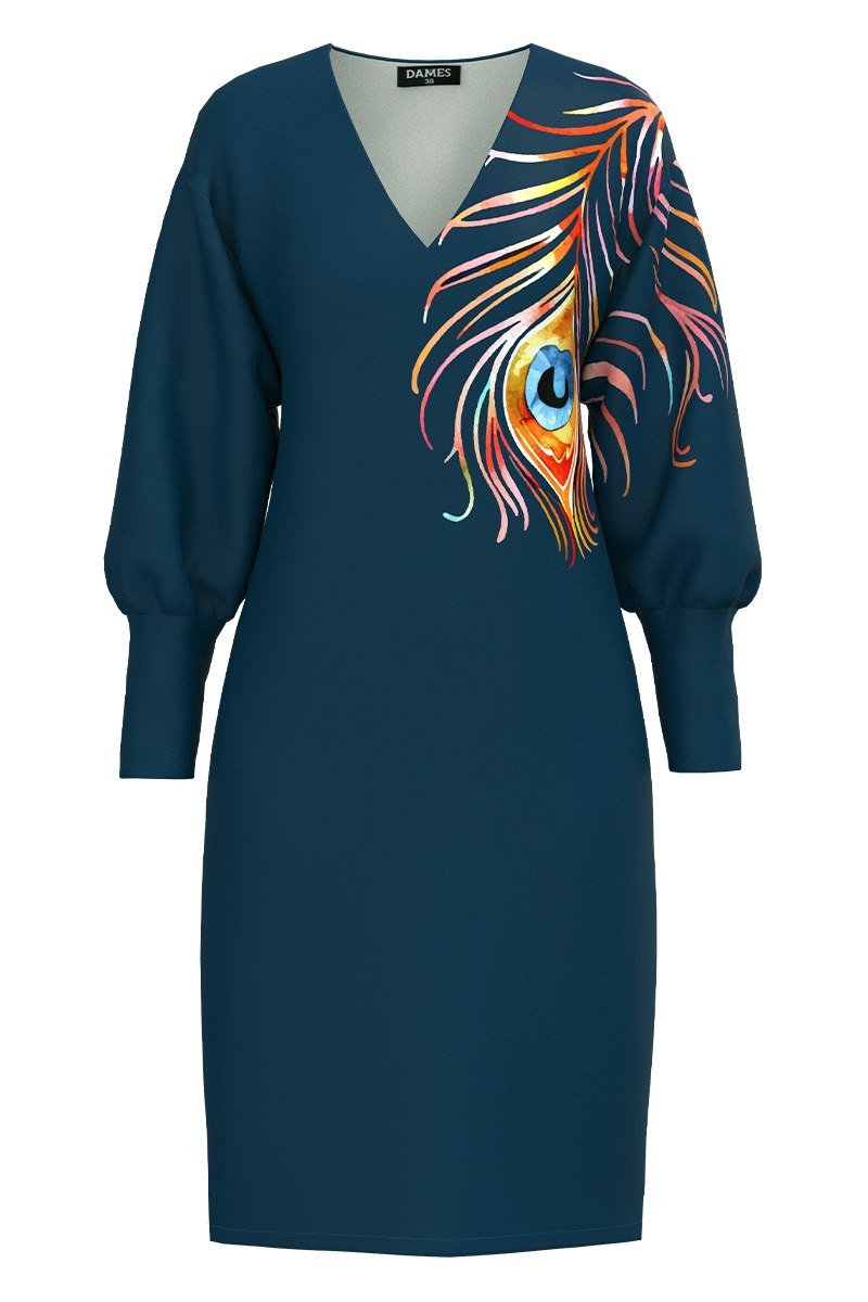 Rochie casual petrol din catifea cu imprimeu paun