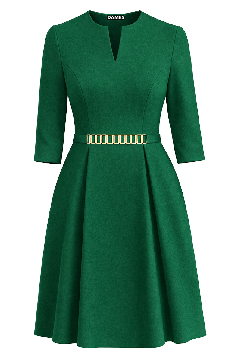 Rochie verde eleganta cu pliuri in talie si accesoriu detasabil