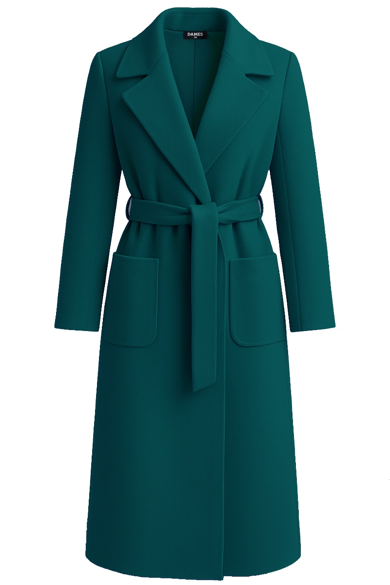 Pardesiu lung elegant verde din stofa groasa cu cordon in talie