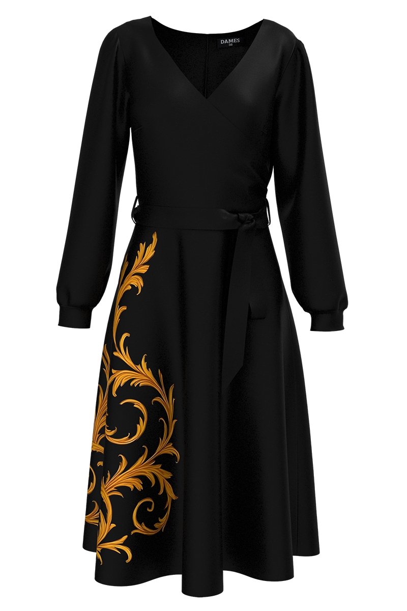 Rochie neagra eleganta cu maneca lunga imprimata baroc