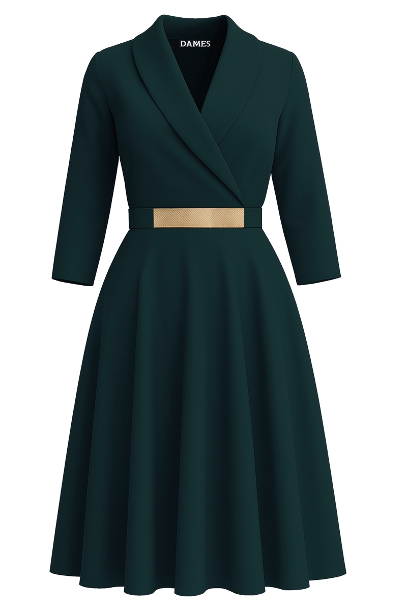 Rochie verde inchis eleganta cu bust petrecut si accesoriu in talie