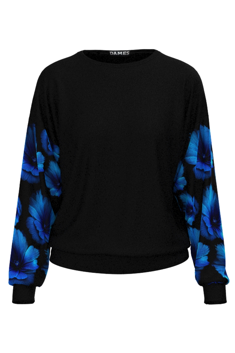 Bluza neagra tip hanorac din catifea cu imprimeu flori albastre