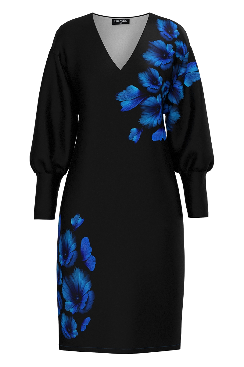 Rochie neagra din catifea cu imprimeu flori albastre
