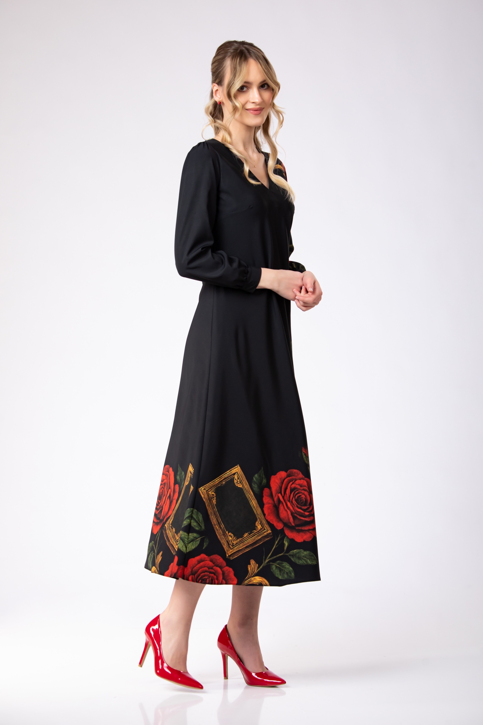Rochie lunga imprimata Noir Rose
