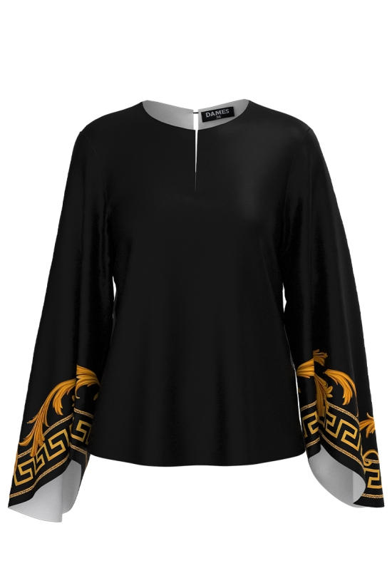 Bluza neagra cu maneca asimetrica imprimata baroc