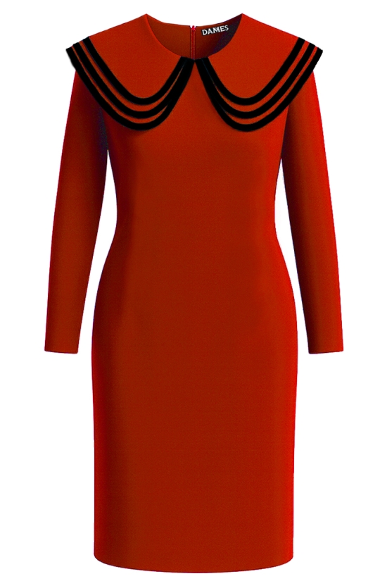 Rochie rosie cu guler triplu si detalii in contrast