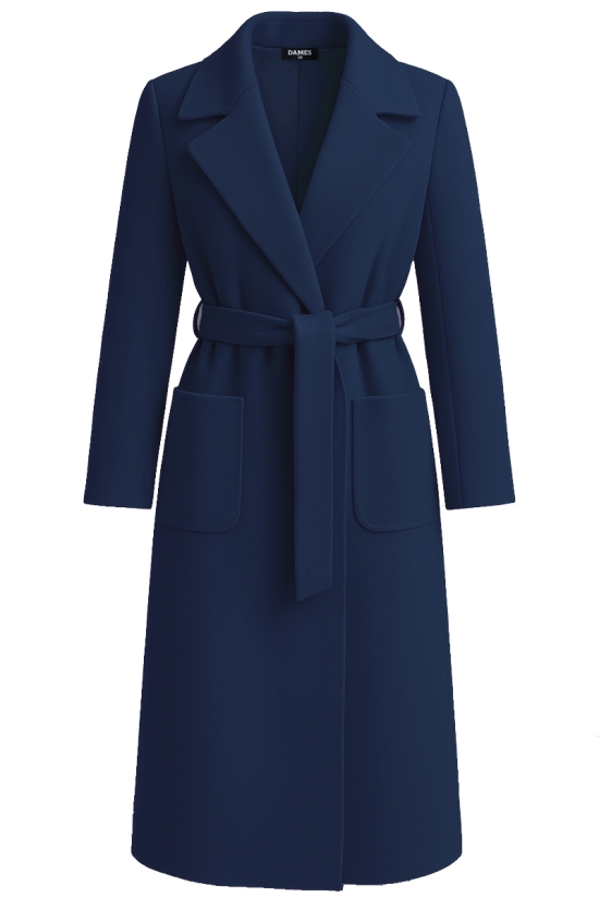 Pardesiu lung elegant bleumarin din stofa groasa cu cordon in talie
