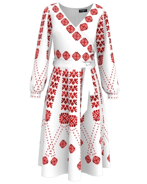 Rochie alba eleganta cu maneca lunga imprimata cu model Traditional CMD3440